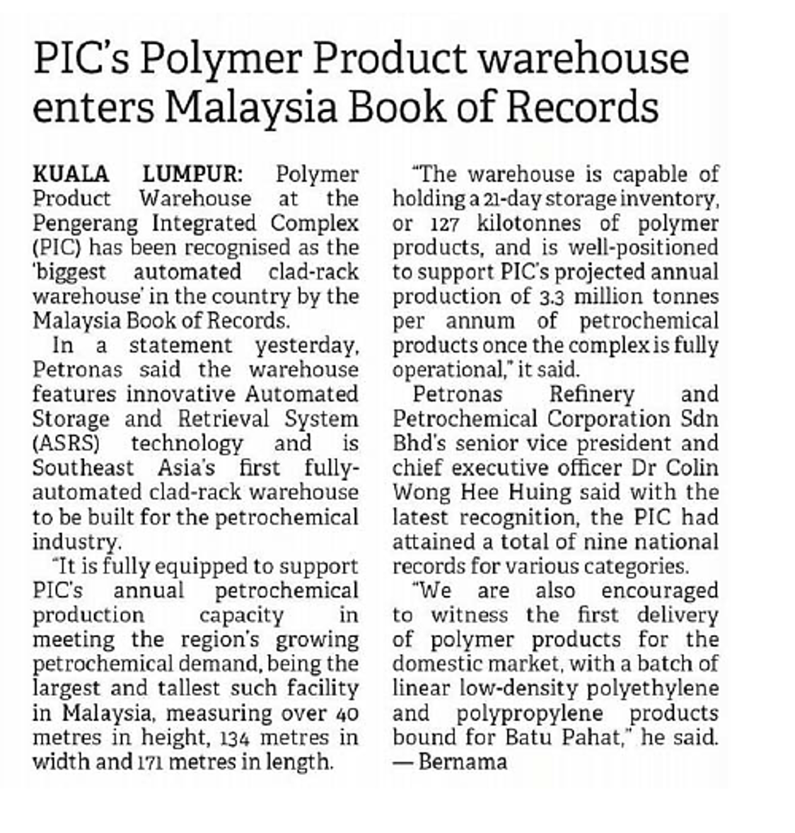 PIC's Polymer Product Warehouse Enters Malaysia Book of Records ...
