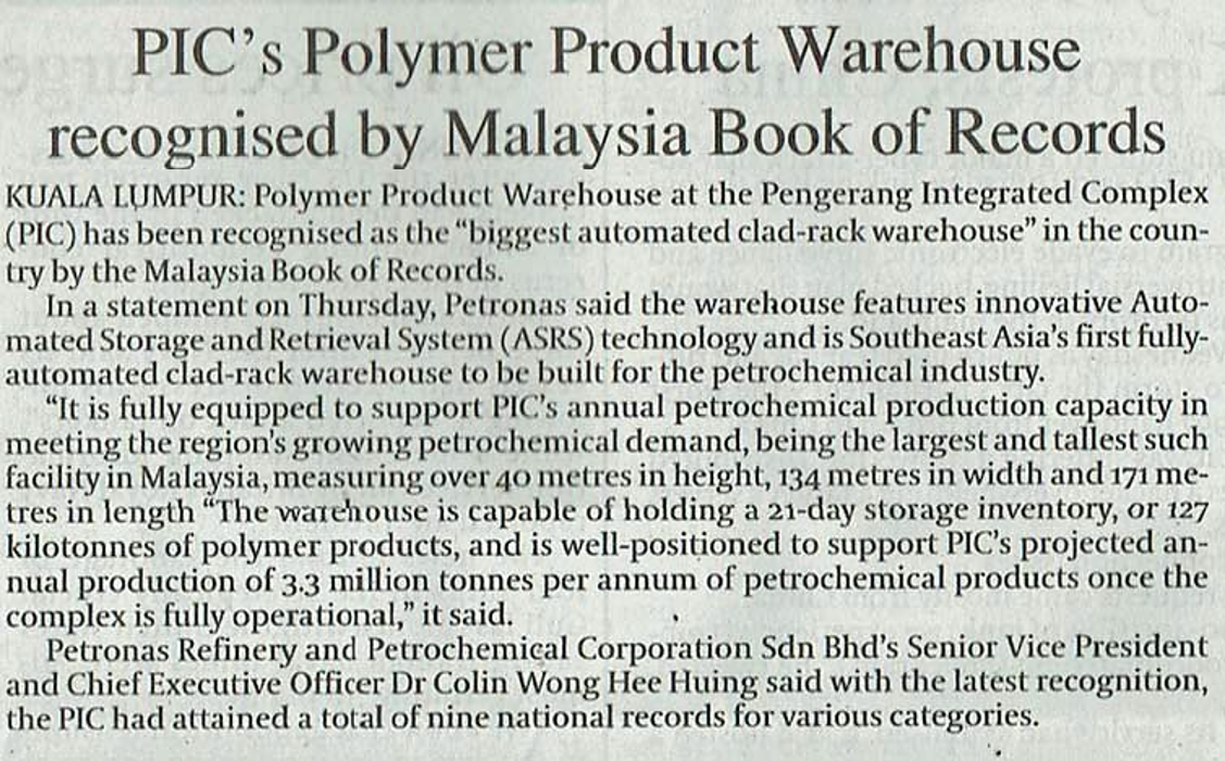 PIC's Polymer Product Warehouse Enters Malaysia Book of Records ...