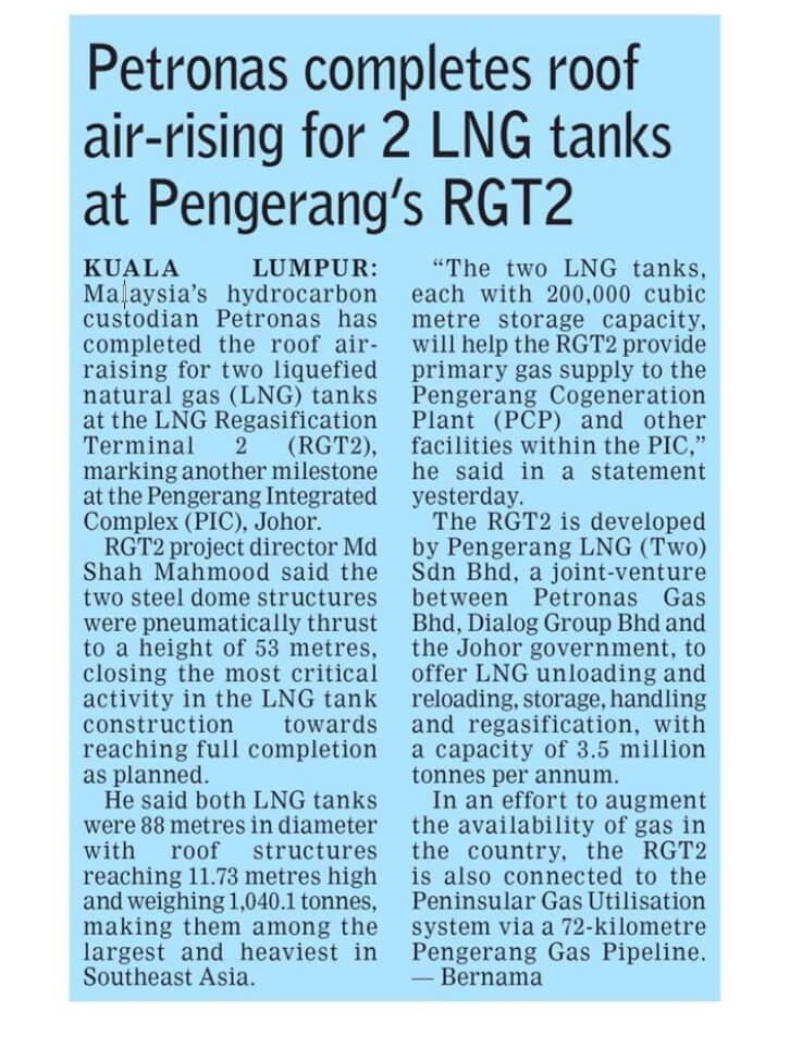 PETRONAS Completes Roof Airrising for 2 LNG Tanks at Pengerang's RGT2 ...
