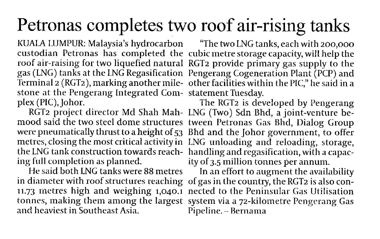 PETRONAS Completes Roof Airrising for 2 LNG Tanks at Pengerang's RGT2 ...