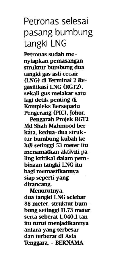 PETRONAS Completes Roof Airrising for 2 LNG Tanks at Pengerang's RGT2 ...