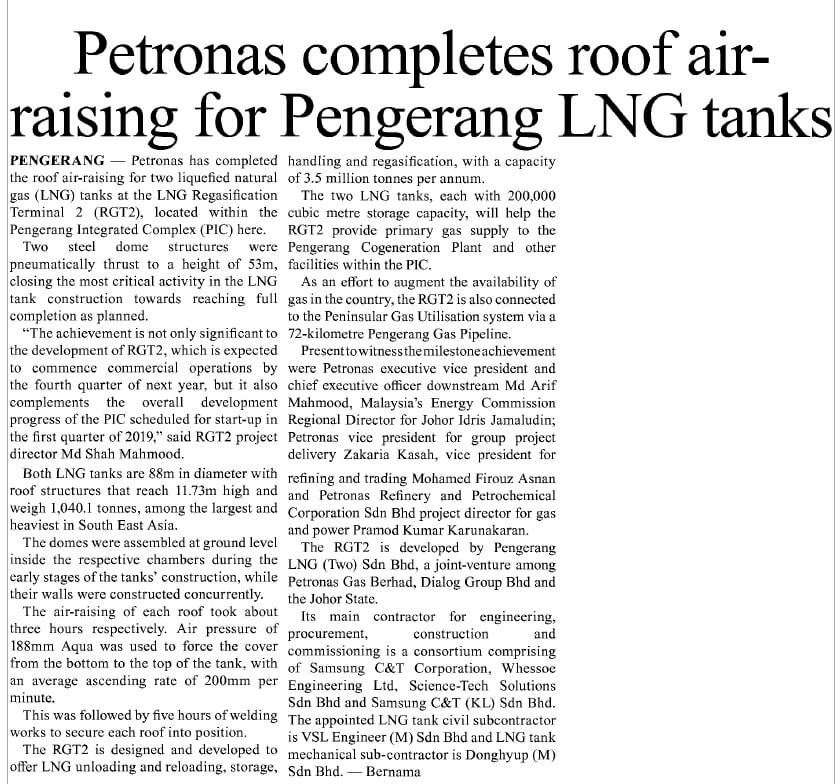 PETRONAS Completes Roof Airrising for 2 LNG Tanks at Pengerang's RGT2 ...
