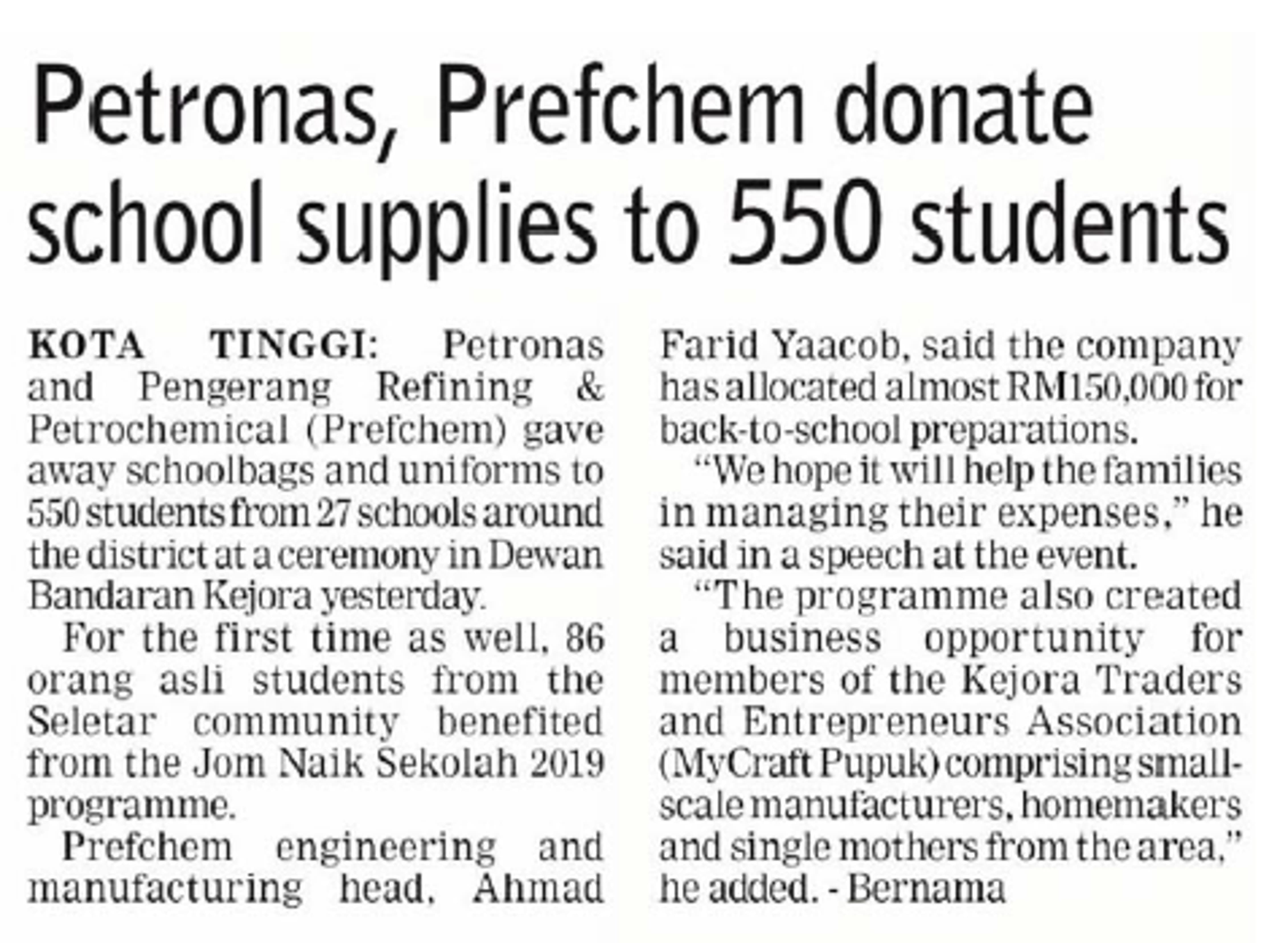 PETRONAS, PrefChem Bantu 550 Murid | PETRONAS Pengerang Integrated ...