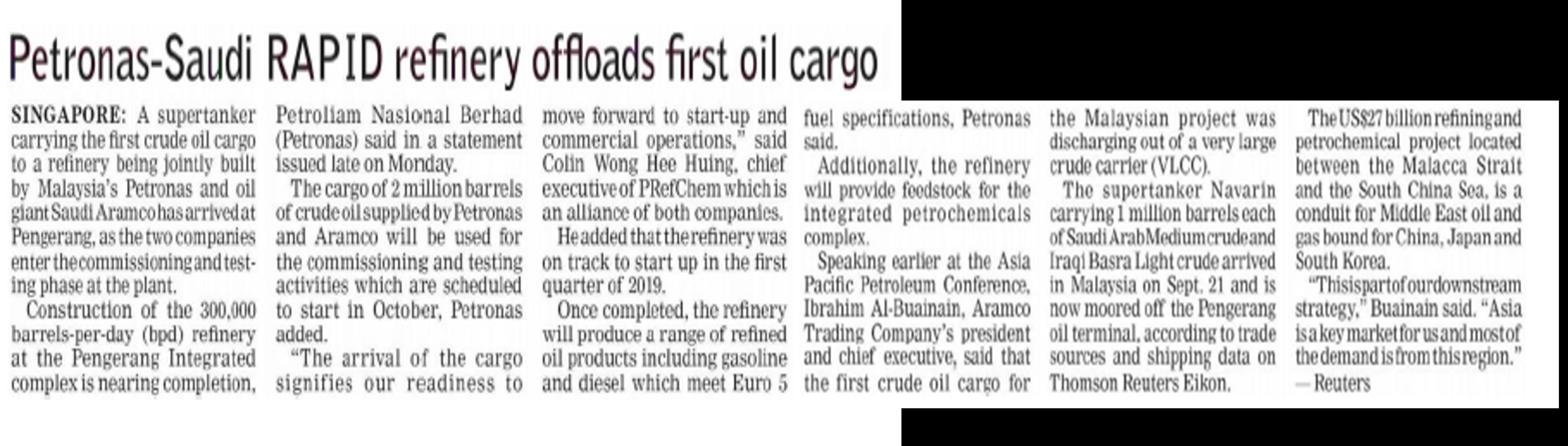 PETRONAS-Saudi RAPID Refinery Offloads First Oil Cargo | PETRONAS ...
