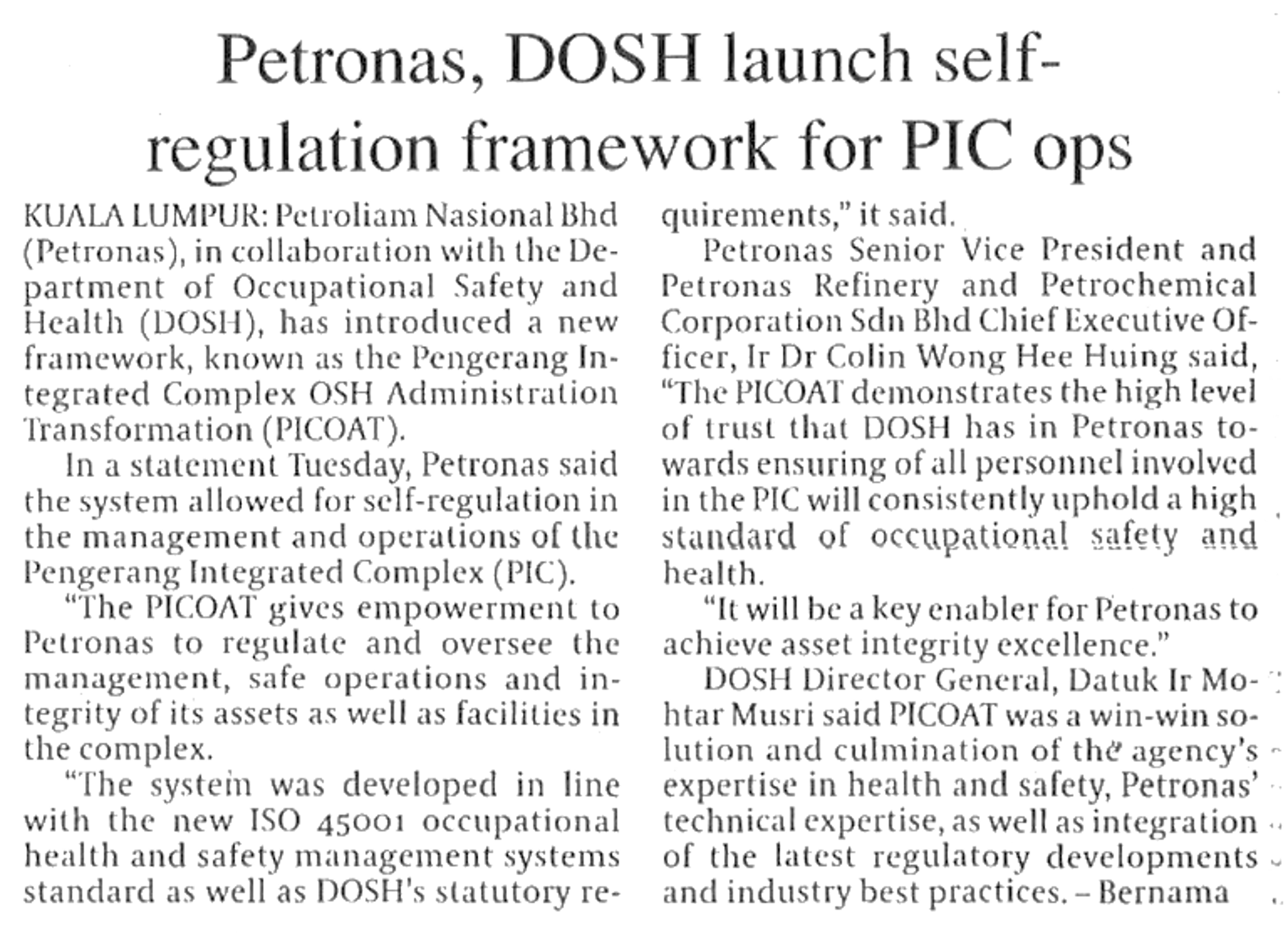 PETRONAS, DOSH Launch Self-Regulation Framework for PIC Operations | PETRONAS Pengerang ...