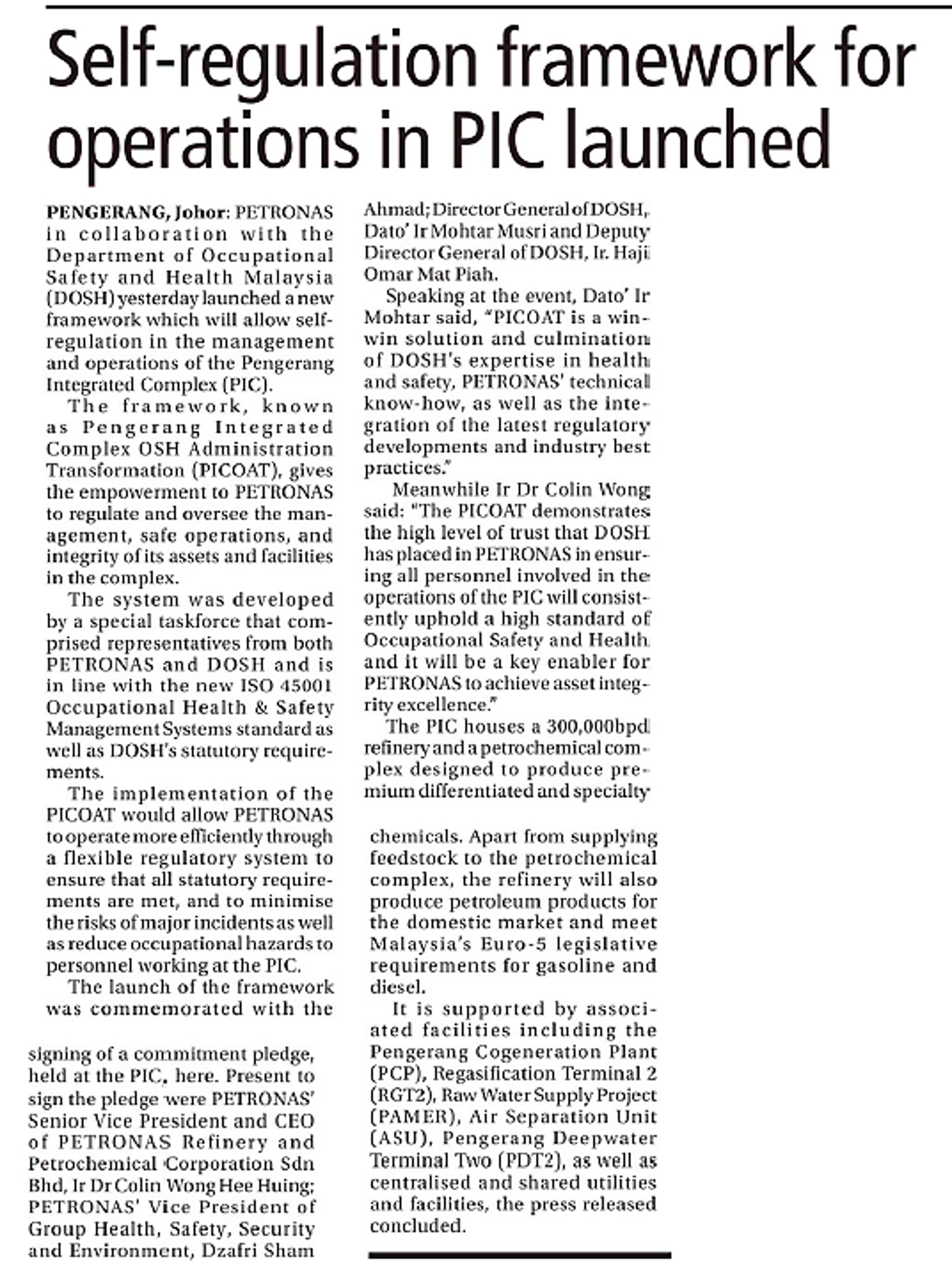 PETRONAS, DOSH Launch Self-Regulation Framework for PIC Operations ...