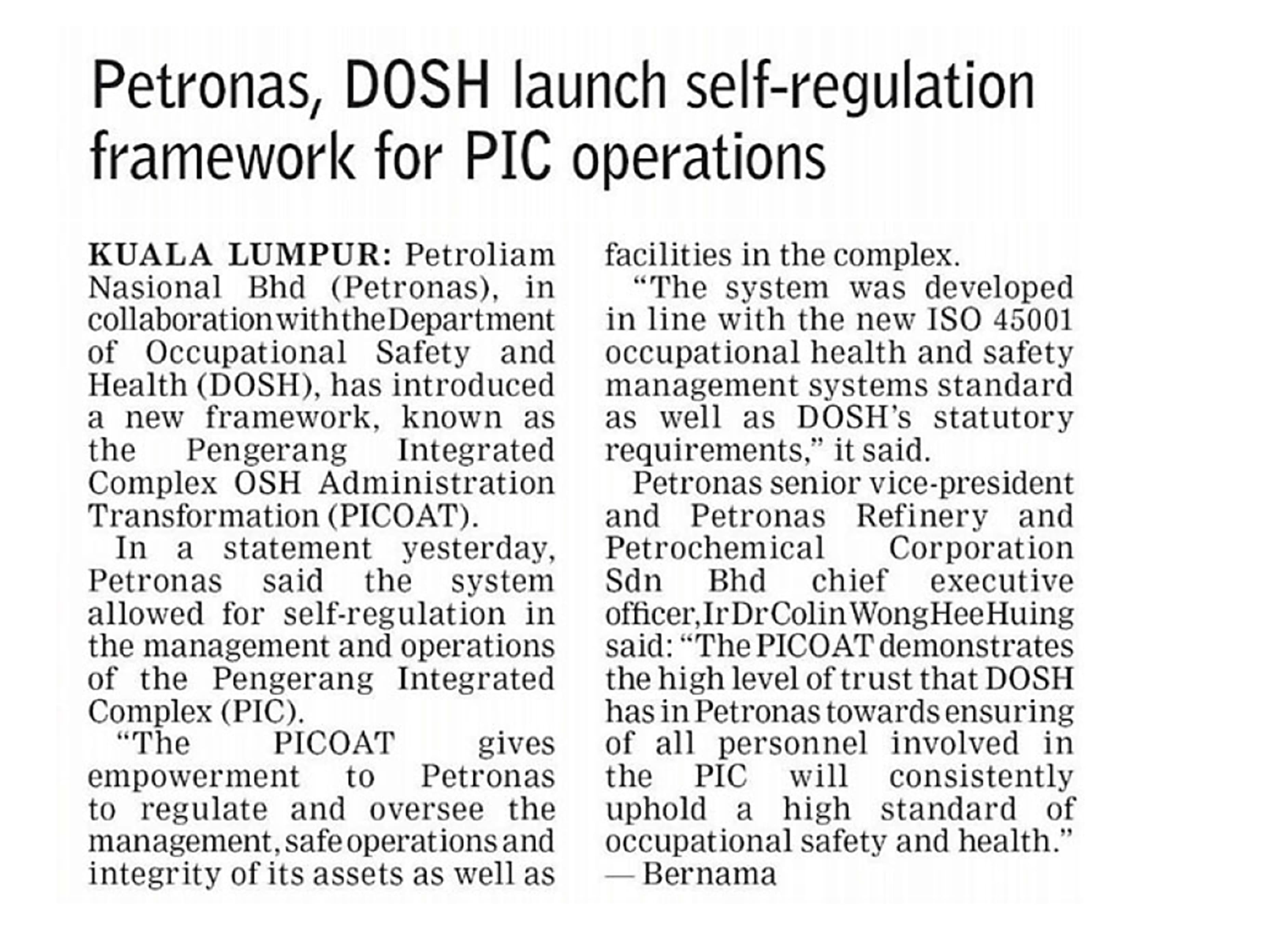 PETRONAS, DOSH Launch Self-Regulation Framework for PIC Operations ...