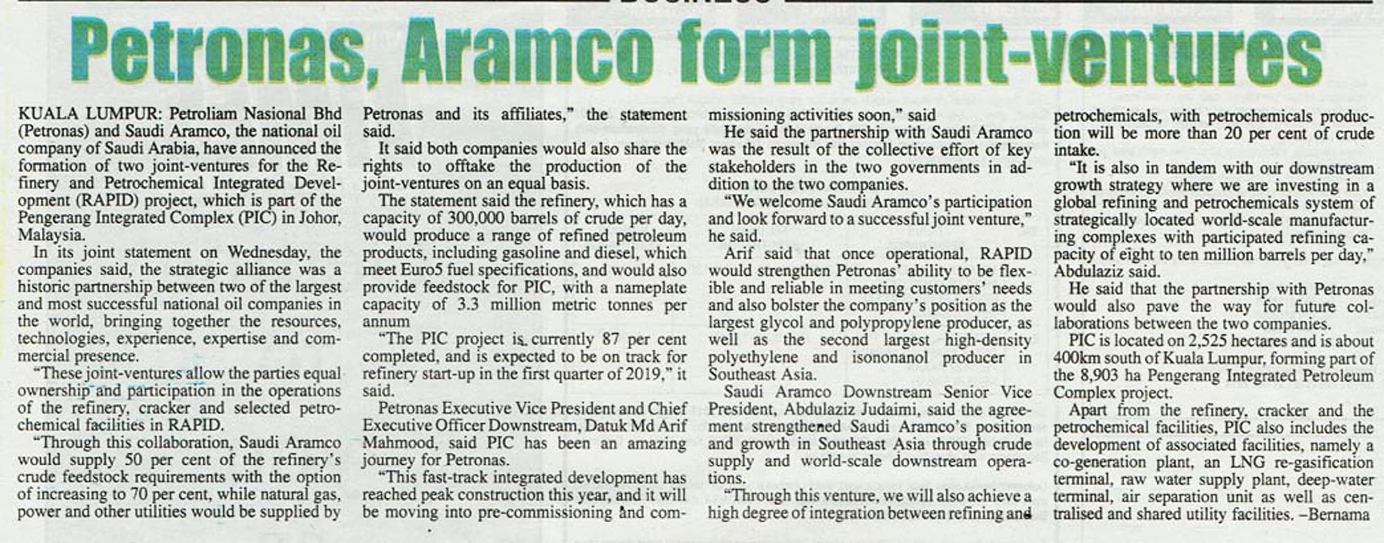 PETRONAS , Aramco Form Joint-Ventures | PETRONAS Pengerang Integrated ...