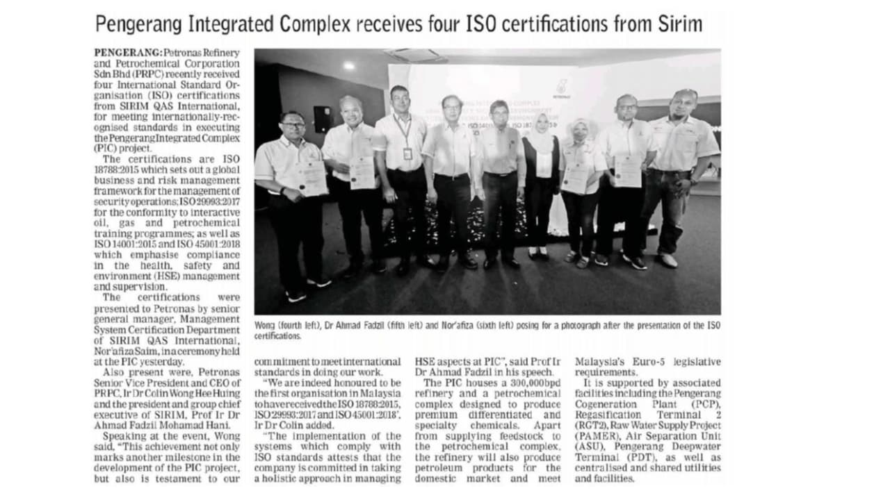 PIC project manager awarded SIRIM recognition | PETRONAS Pengerang ...