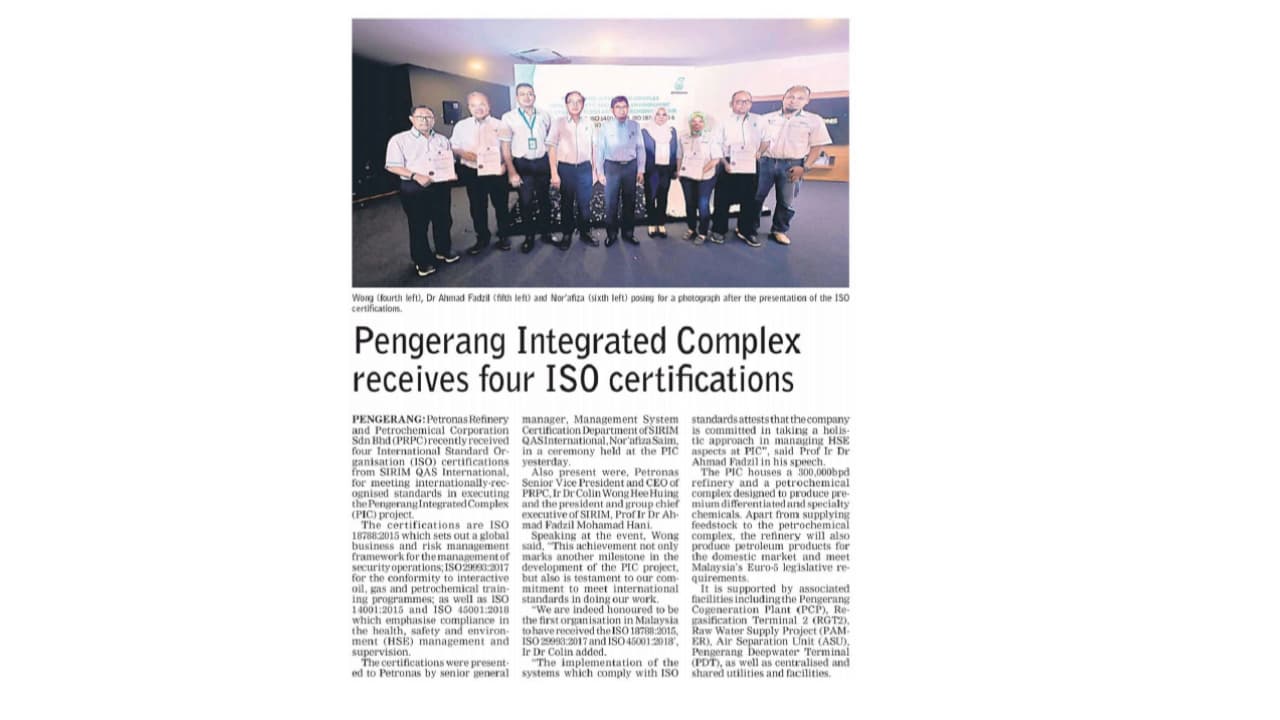 PIC project manager awarded SIRIM recognition | PETRONAS Pengerang ...