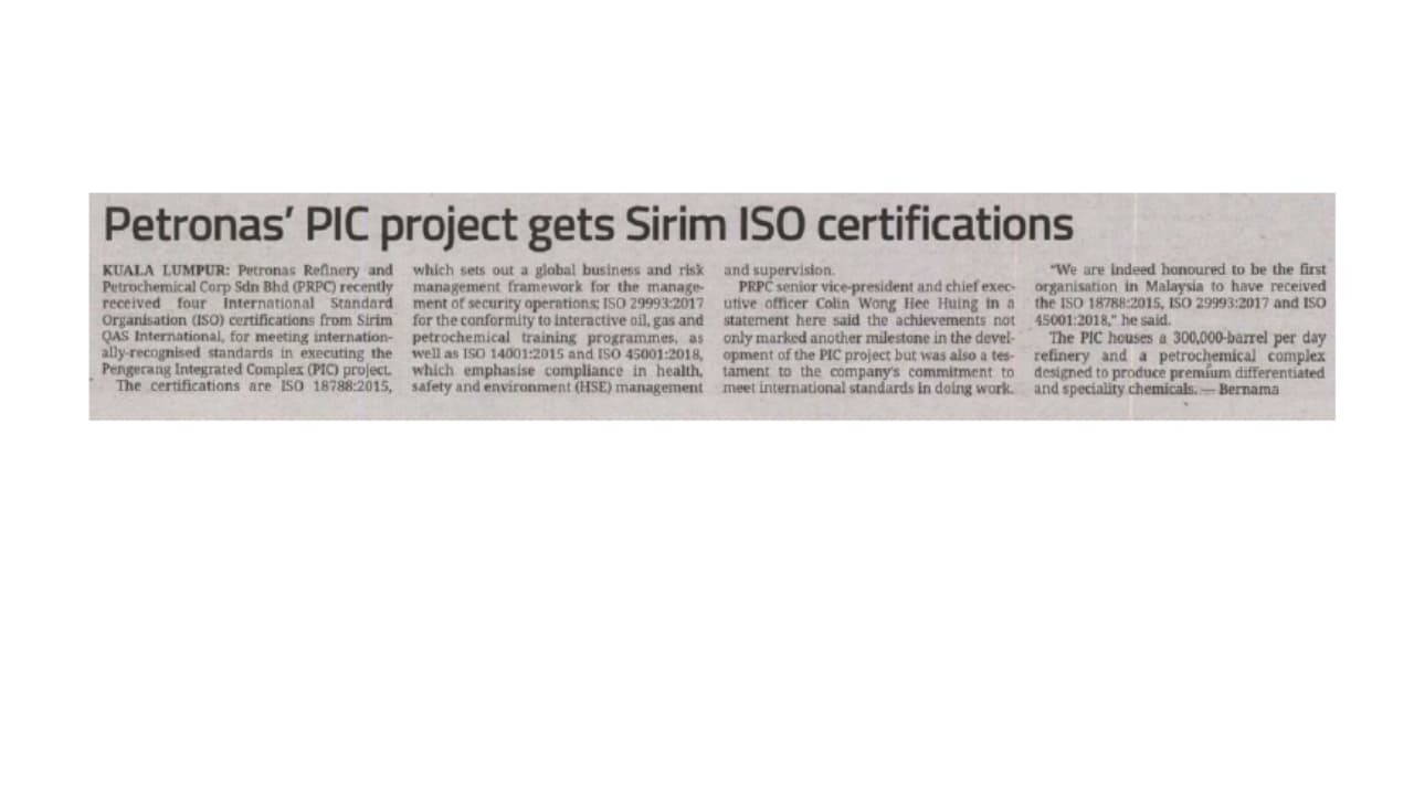 PIC project manager awarded SIRIM recognition | PETRONAS Pengerang ...